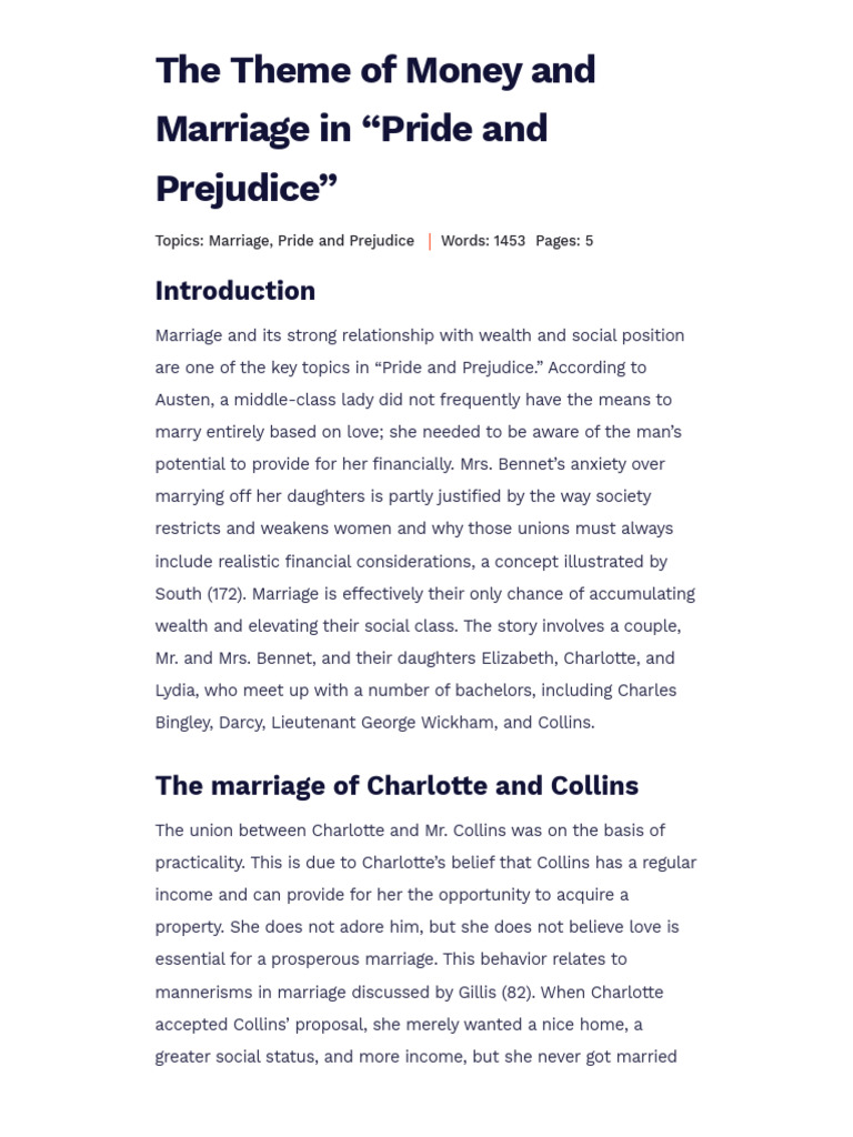The Theme of Money and Marriage (Pride and Prejudice) - Free Essay ...