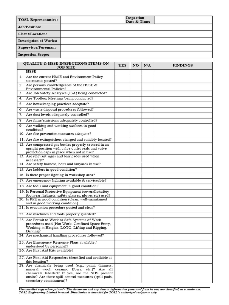 HSSE and Quality Inspection Checklist | PDF | Personal Protective ...