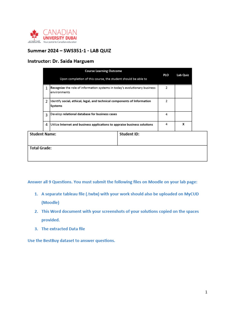 SU24 - SWS351-1 - Lab Quiz | PDF | Software | Information Technology Management