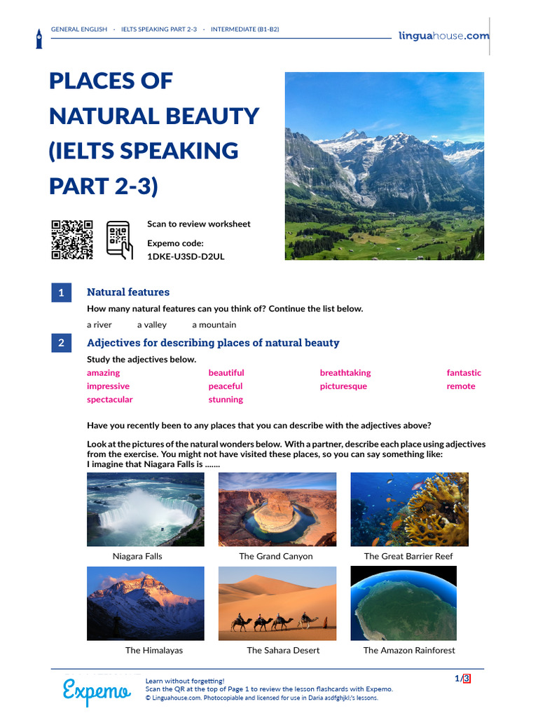 Places of Natural Beauty Ielts Speaking Part 2 3 British English Student | PDF | Language Arts ...
