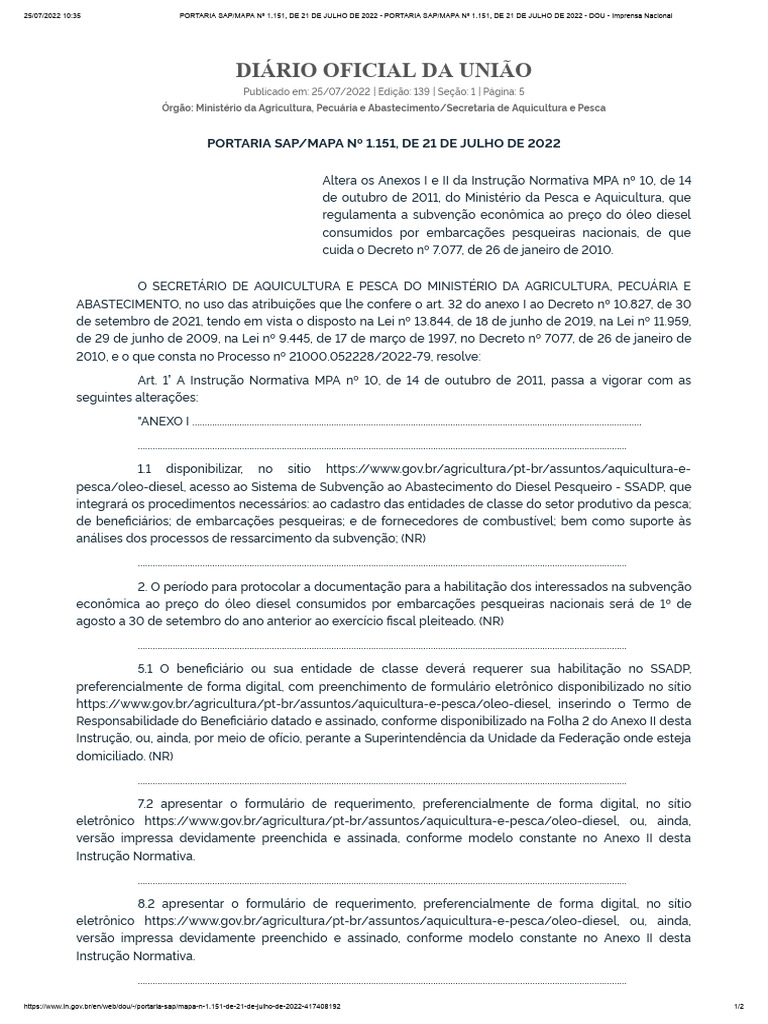 PORTARIA SAP MAPA N 1.151 DE 21 DE JULHO DE 2022 - Altera Modelo 2 e Possibilita Requerimento ...