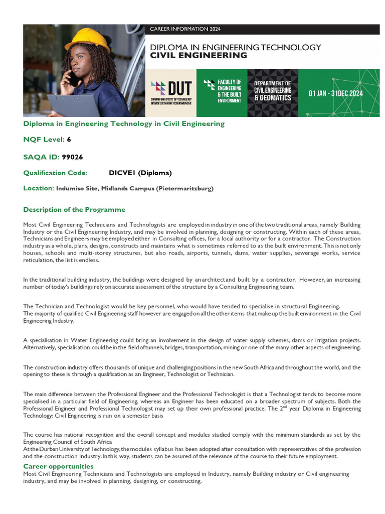 REQUIREMENTS FOR HIGHER CERTIFICATE IN CIVIL ENGINEERING AT TUT ...