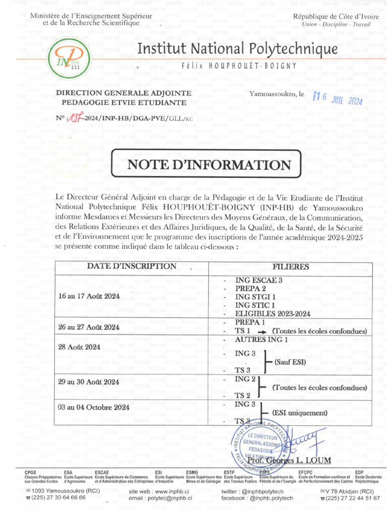 Programme Des Inscriptions Annee Academique 2024-2025 | PDF