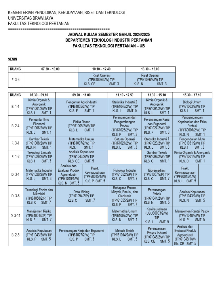Jadwal Kuliah TIP SMT Ganjil 2024 | PDF | Sains & Matematika | Komputer