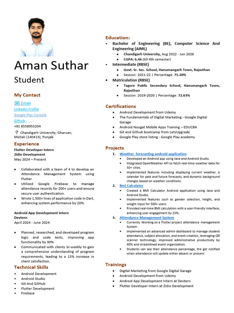 Flutter Developer Resume and Projects | PDF | Android (Operating System) | Google Play