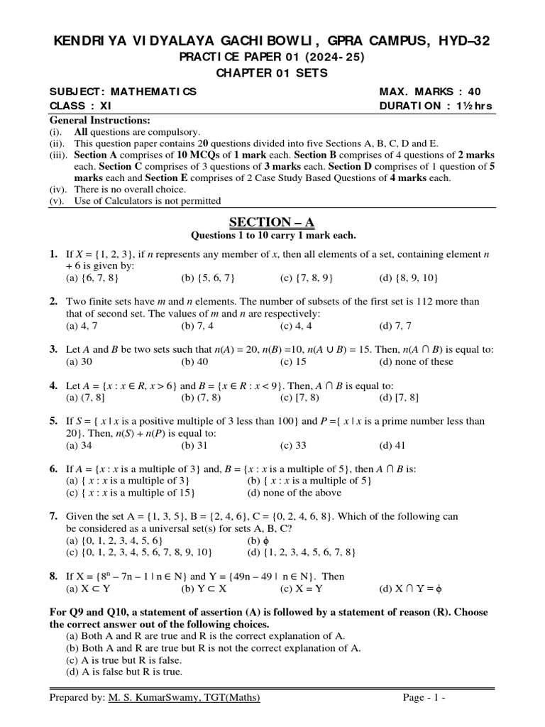 Maths Class Xi Chapter 01 Sets Practice Paper 01 2024 Pdf Mathematical Logic Mathematics