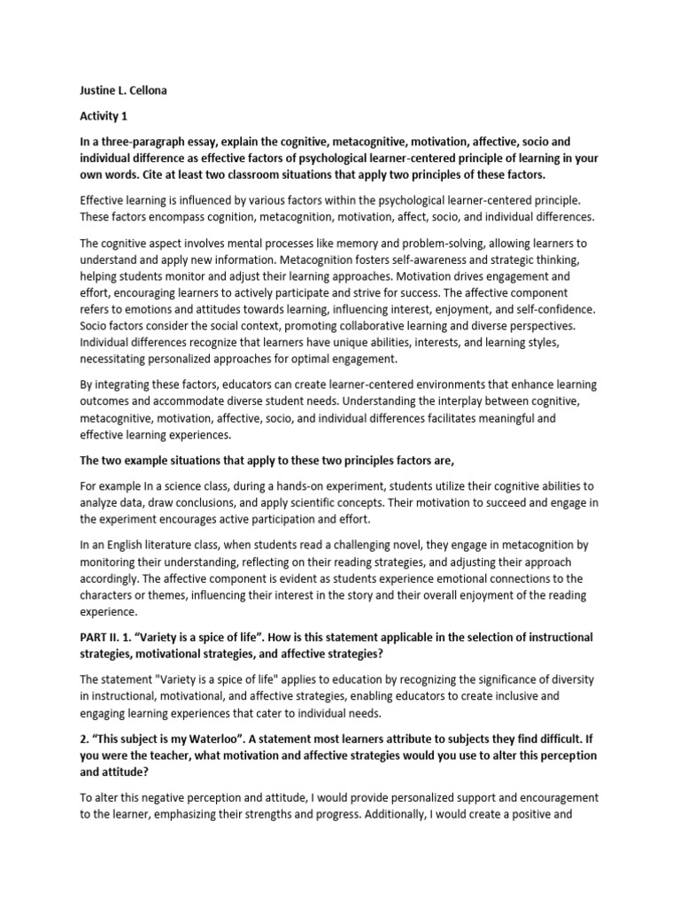 Facilitating Learners, ACTIVITY 1 | PDF | Learning | Metacognition