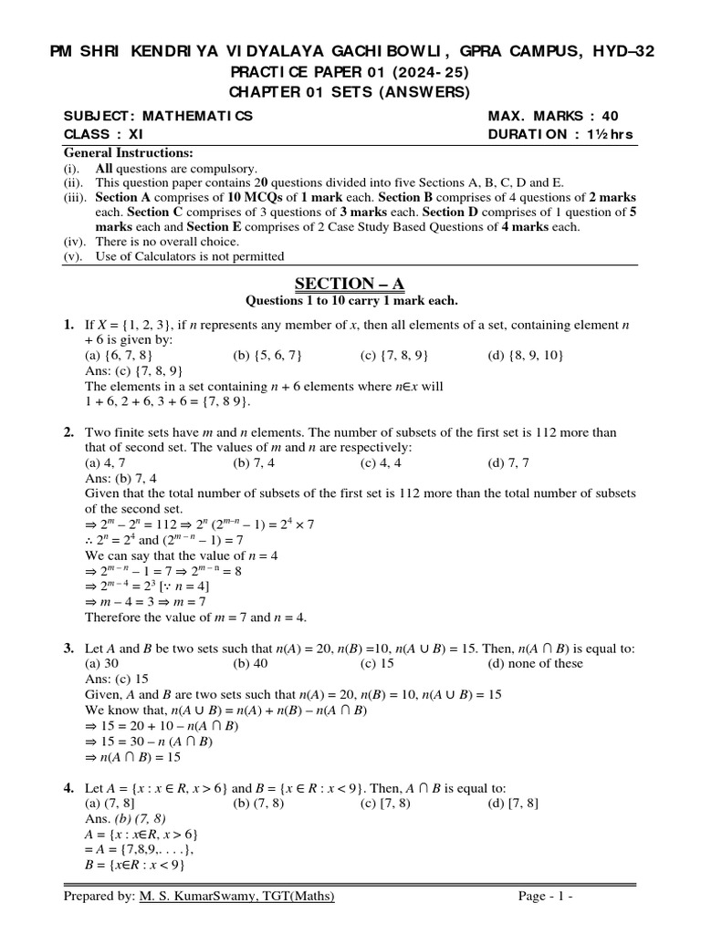 Maths Class Xi Chapter 01 Sets Practice Paper 01 2024 Answers | PDF ...
