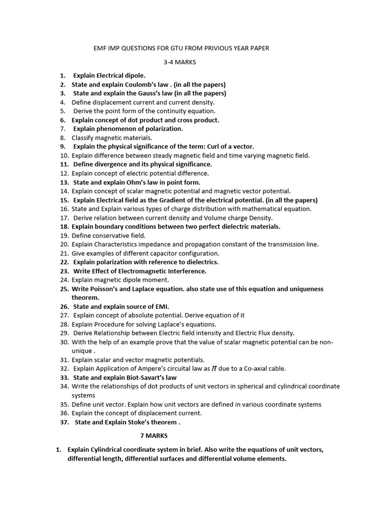 EMF Important Questions for GTU | PDF | Magnetic Field | Electric Field