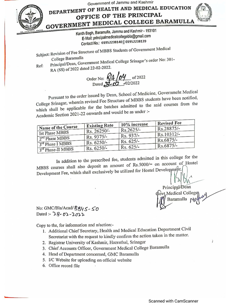 Revision of Fee Structure of MBBS Student GMC Baramulla | PDF