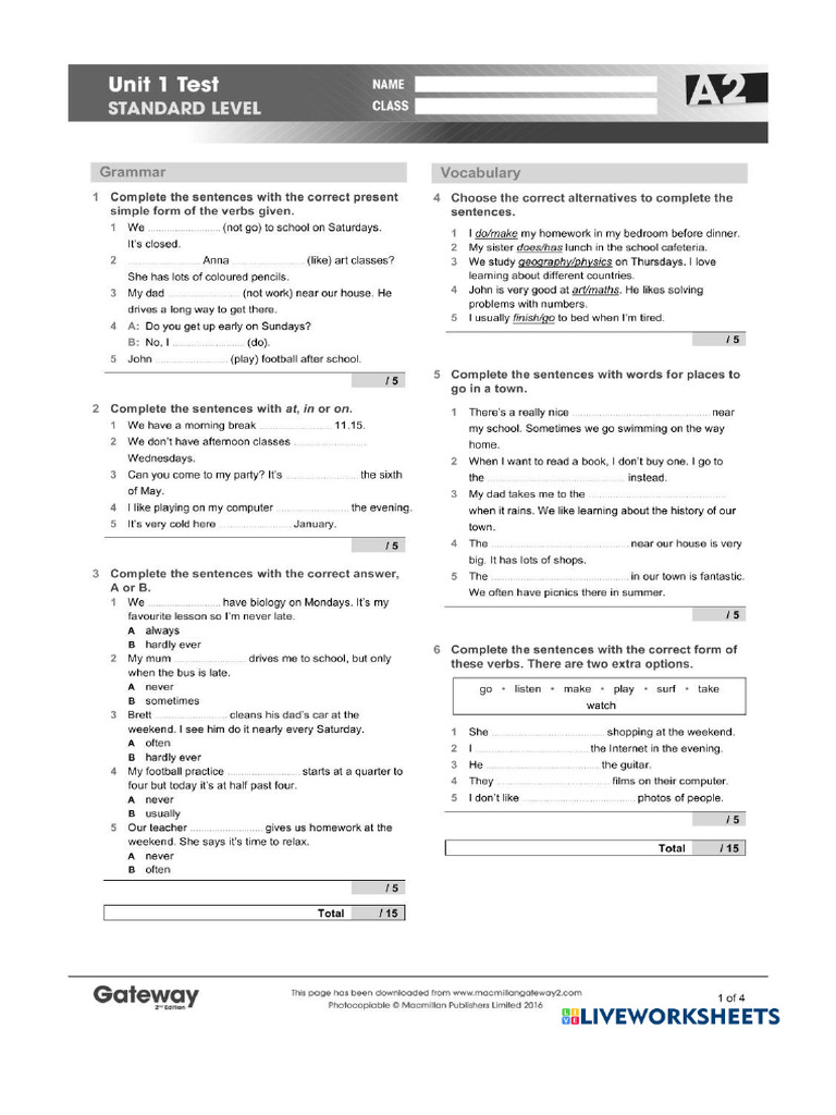 A2 Unit 1 Standard Test | PDF