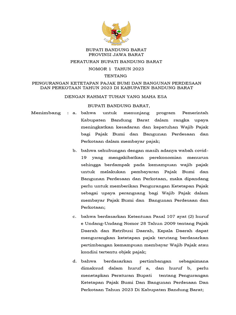 Perbup Nomor 1 Tahun 2023 Tentang Pengurangan Ketetapan Pajak | PDF