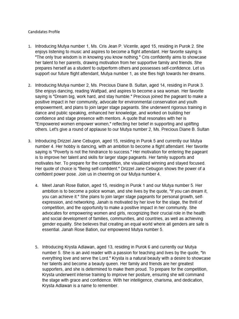 Candidates Profile Sample for Pageant | PDF | Social Psychology