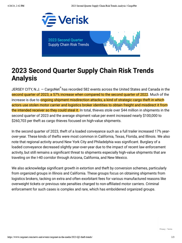 2023 Second Quarter Supply Chain Risk Trends Analysis - CargoNet | PDF ...