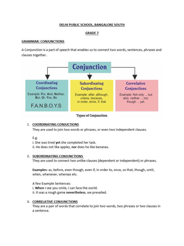 Conjunctions for Grade 7 Grammar | PDF | Phrase | Linguistic Morphology