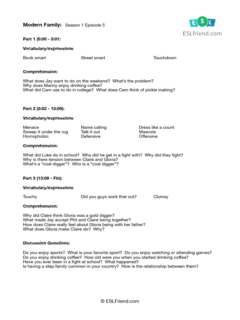 Modern Family S1E5 Vocabulary & Comprehension | PDF