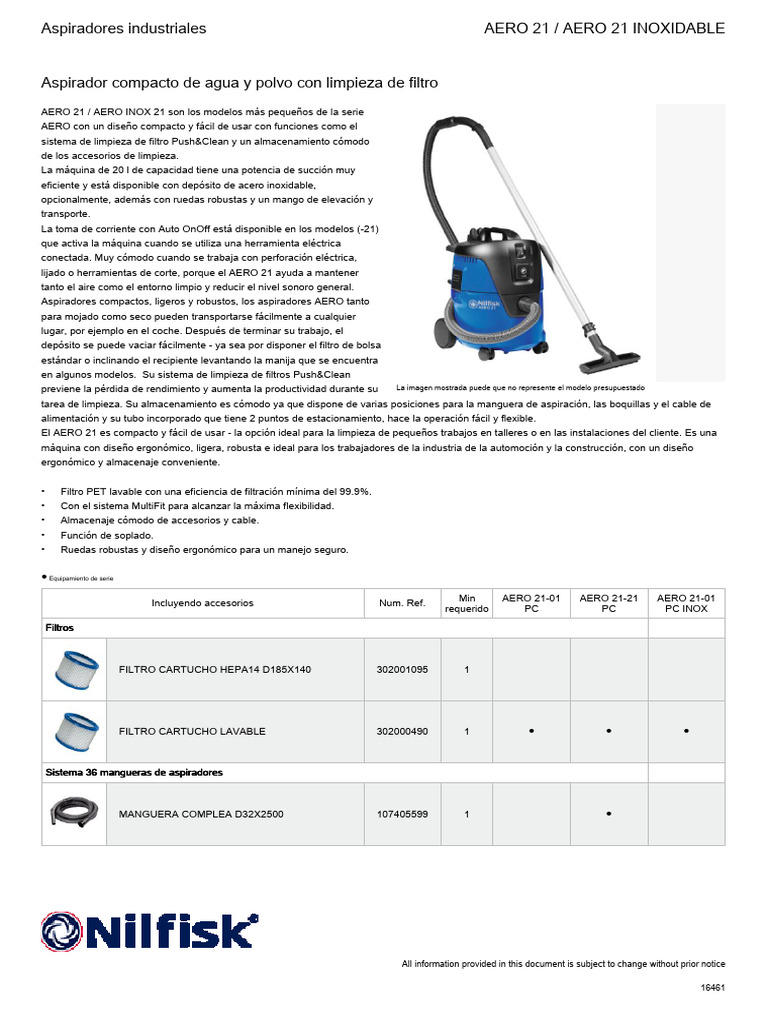 Ficha tecnica de la Aspiradora Nilfisk AERO 21-01 | Descargar gratis PDF | Aspiradora | Bienes ...