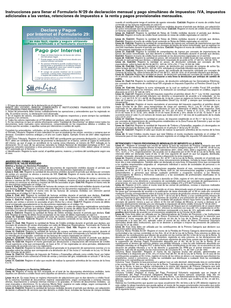 Instrucciones Llenado F29 | PDF | Impuestos | Tarjeta de débito