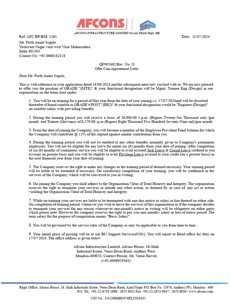 Offer Cum Appointment Letter - Mr. Parth Anant Sogale - MTE - 8501 - SF | PDF | Cheque | Expense
