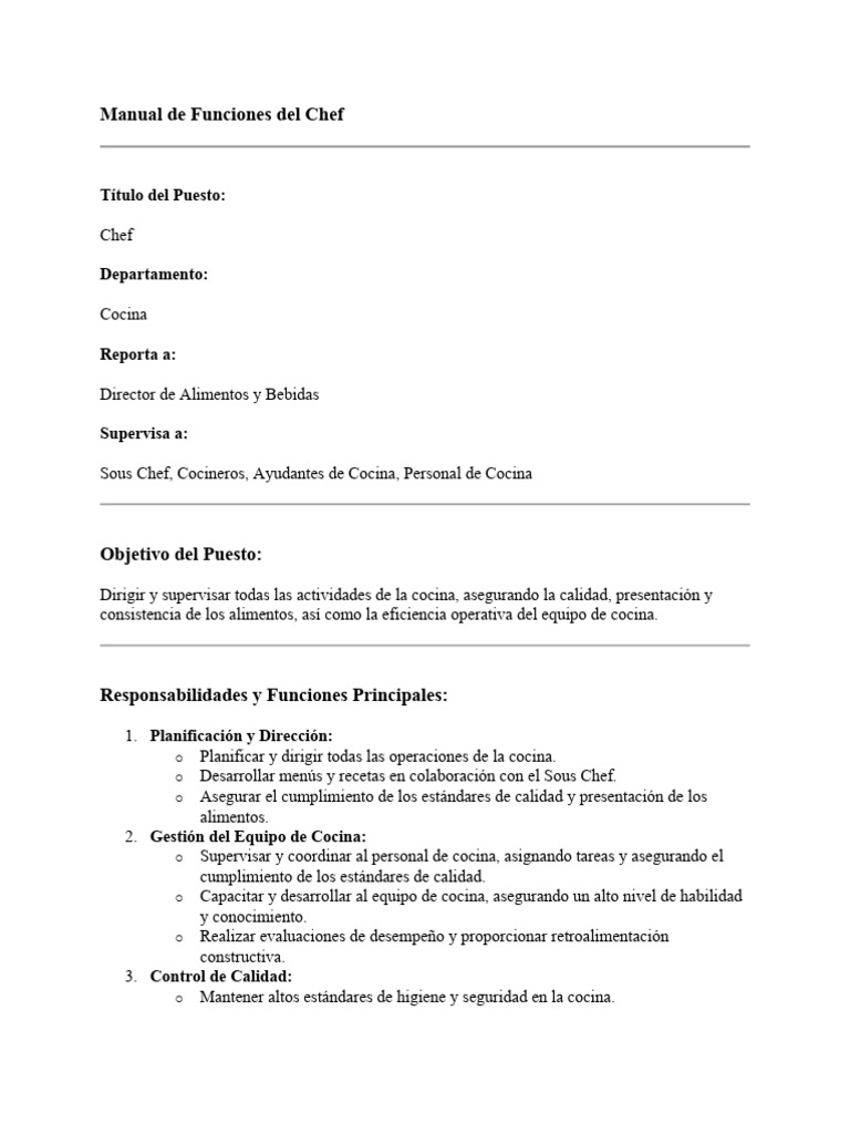Manual de Funciones del Chef | PDF | Artes culinarias | Presupuesto
