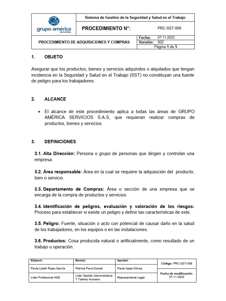 PRC-SST-008 Procedimiento de Adquisiciones y Compras | PDF