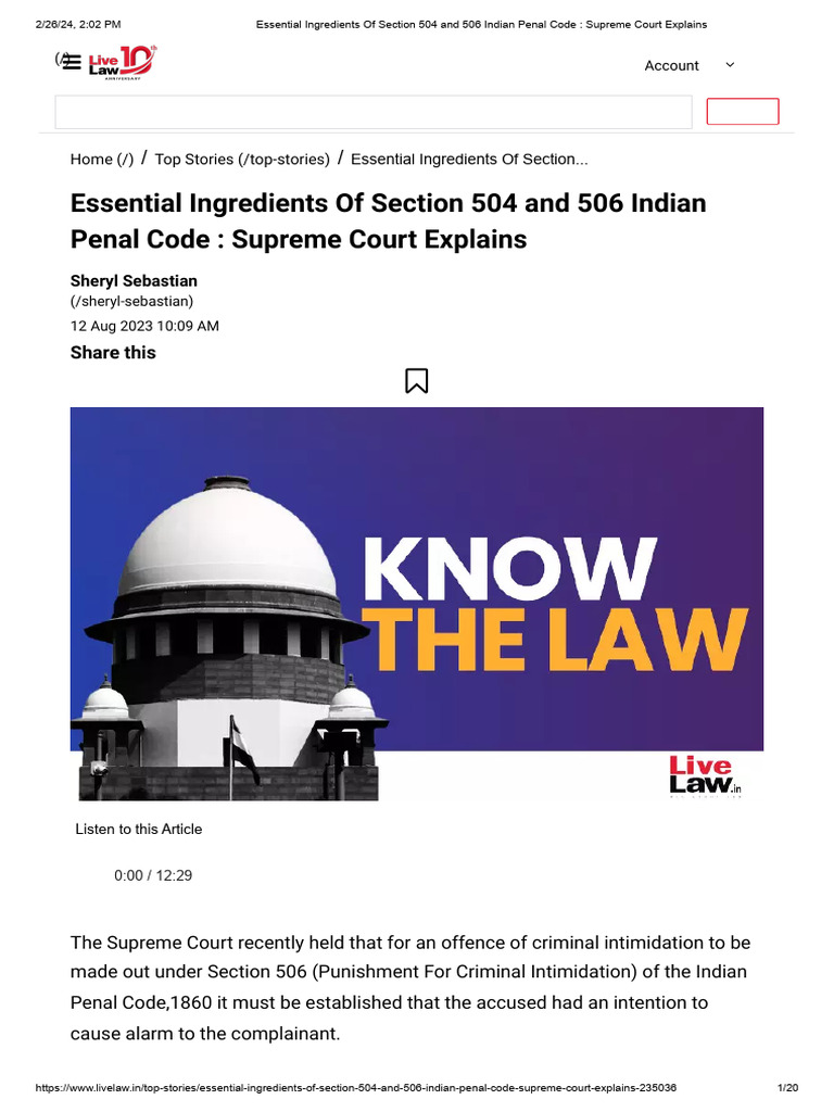 Essential Ingredients of Section 504 and 506 Indian Penal Code | PDF ...