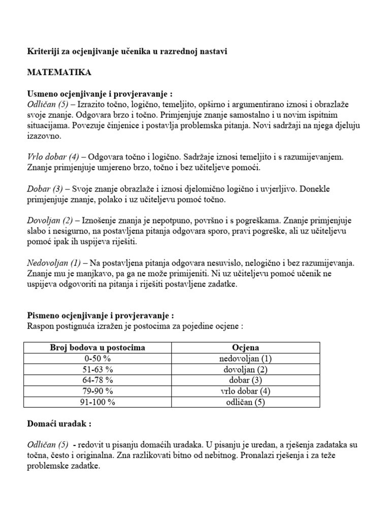Kriteriji Za Ocjenjivanje Ucenika U Razrednoj Nastavi | PDF