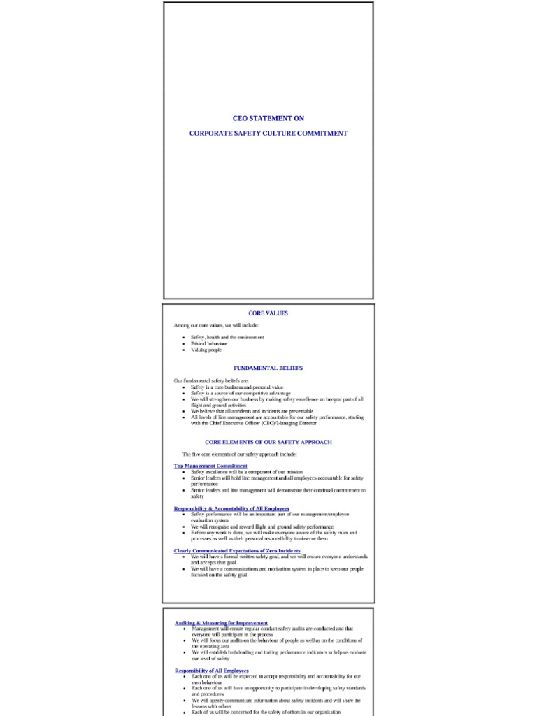 Ceo Corporate Safety Culture Commitment Statement | PDF
