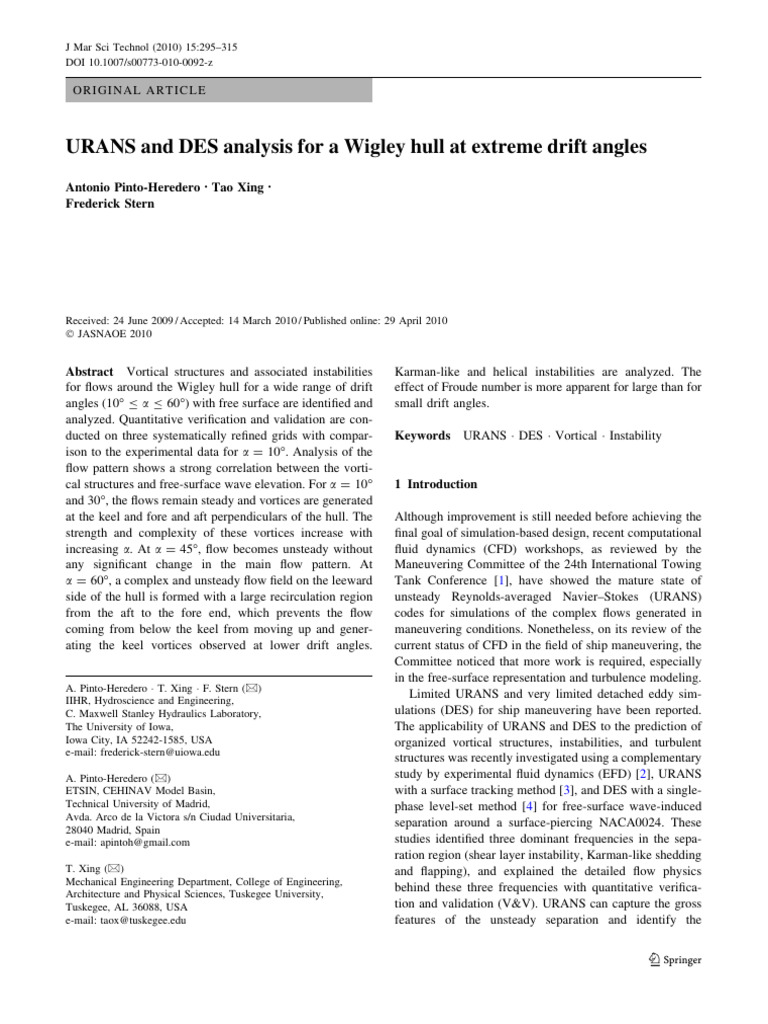 URANS and DES Analysis For A Wigley Hull at Extreme Drift Angles | PDF | Vortices | Fluid Dynamics