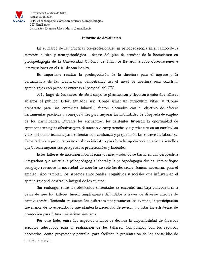 Informe de Devolución AL CIC | PDF | Plan de estudios | Modificación de comportamiento