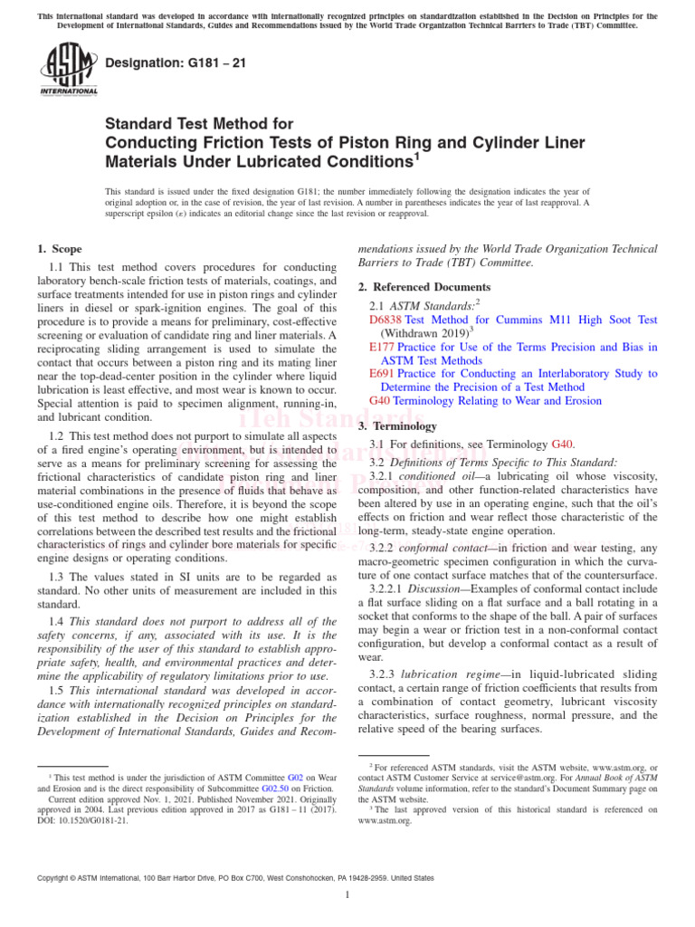 ASTM G181 21 Piston Rings | PDF | Coefficient Of Variation | Friction