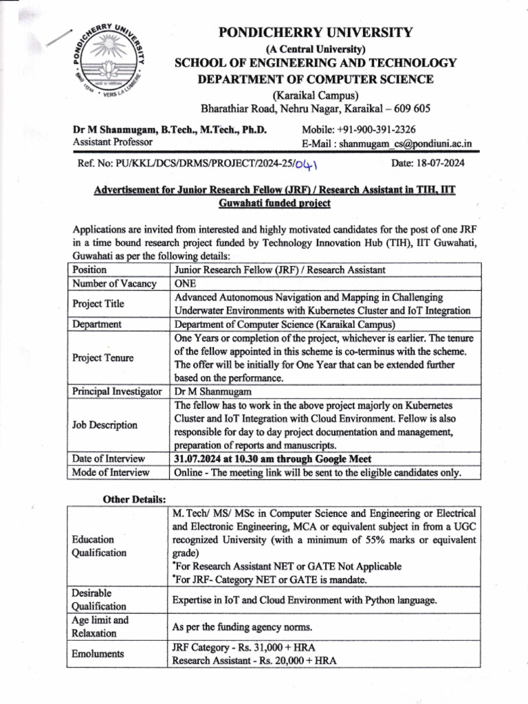 Advertisement of Junior Research FellowResearchAssistant Dept of Computer Science Karaikal ...