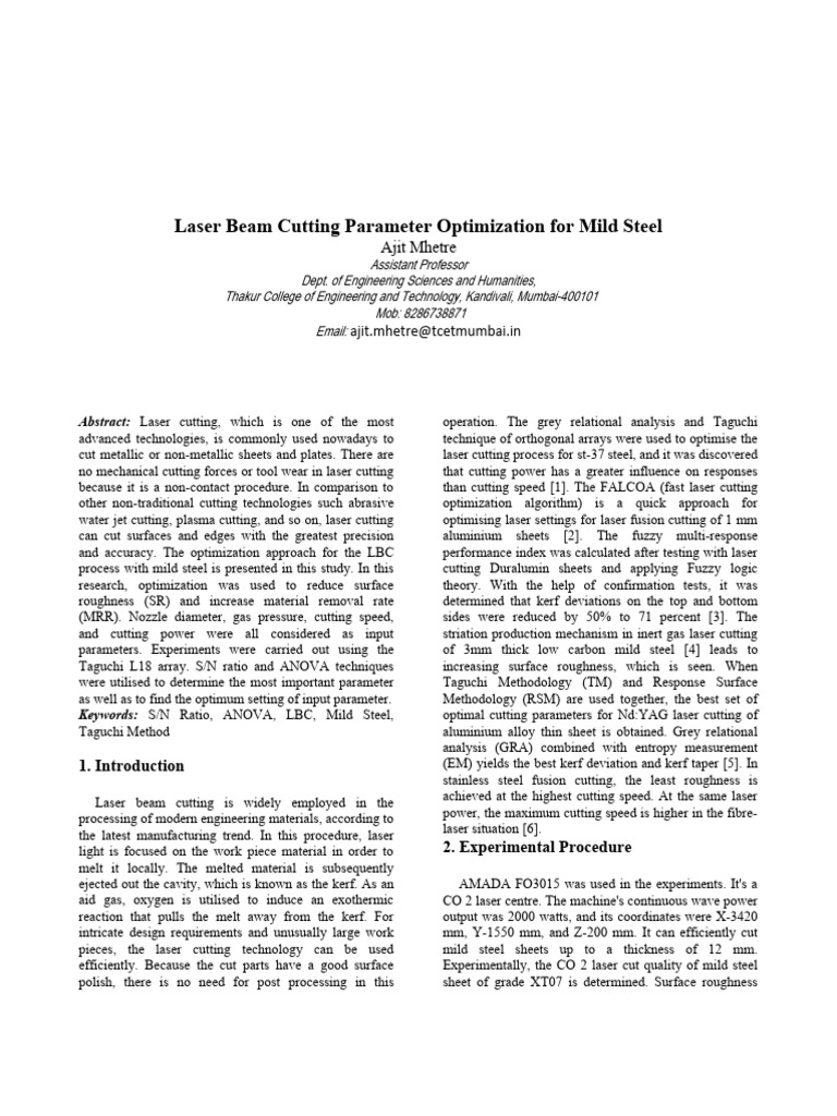 Laser Beam Cutting Pdf Signal To Noise Ratio Analysis Of Variance