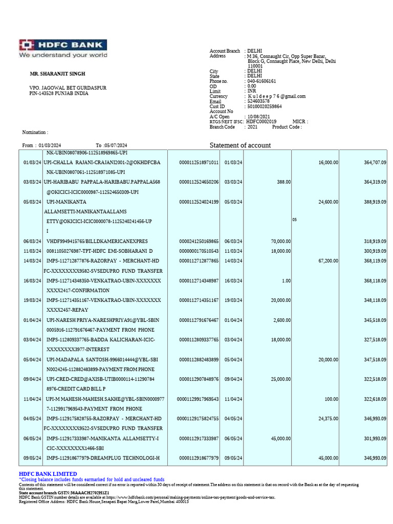 HDFC Bank Statement for Sharanjit Singh | PDF | Money | Personal Finance