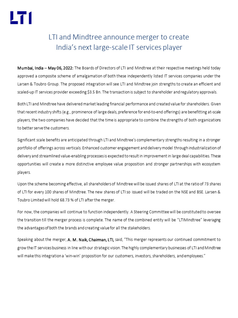 LTI and Mindtree Announce Merger To Create Indias Next Large Scale IT ...