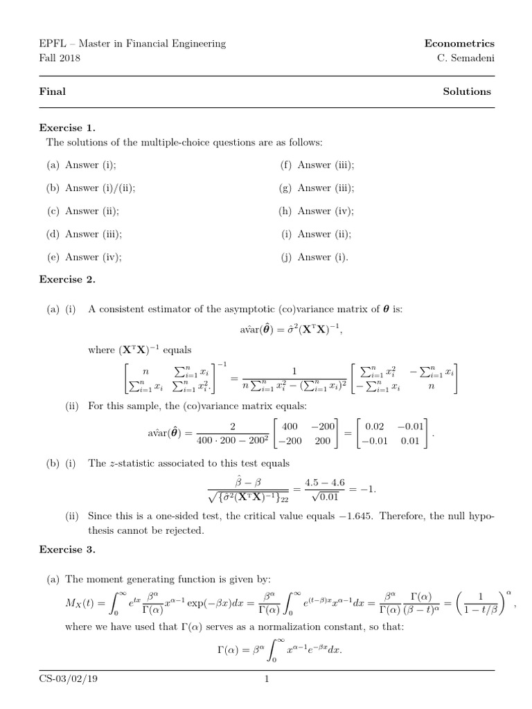 Econometrics 2018 Final Solutions | PDF | Statistical Inference | Estimation Theory
