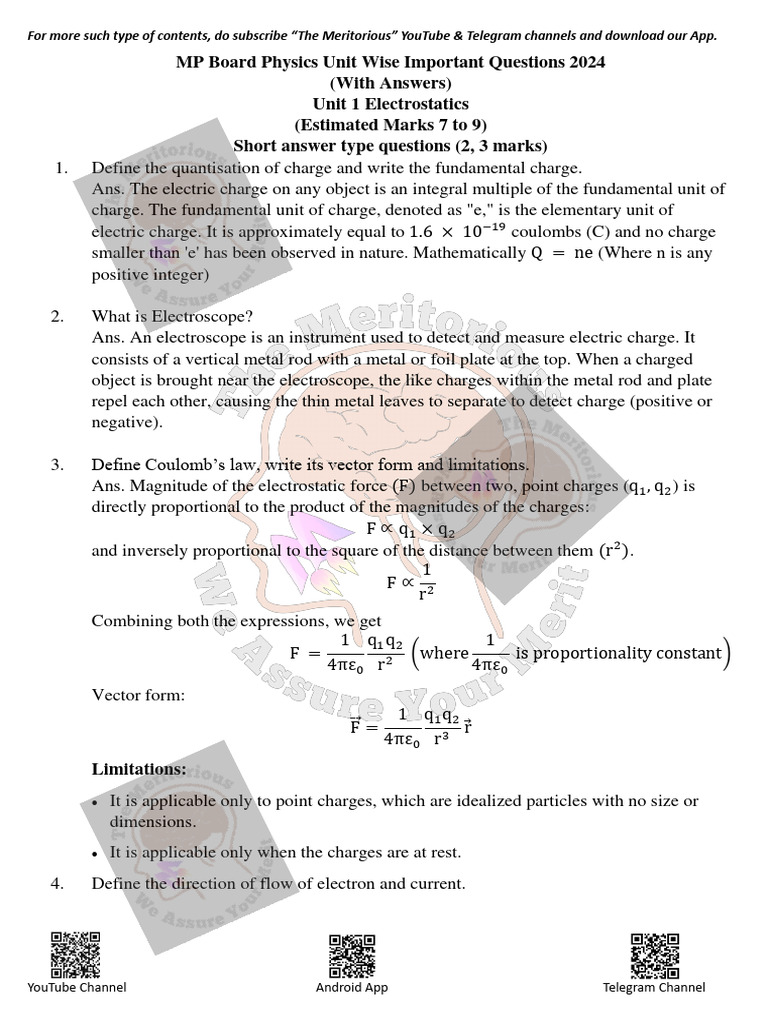 Unit 1 Electrostatics IMP QnA MP 2024 | PDF | Capacitance | Electric Field