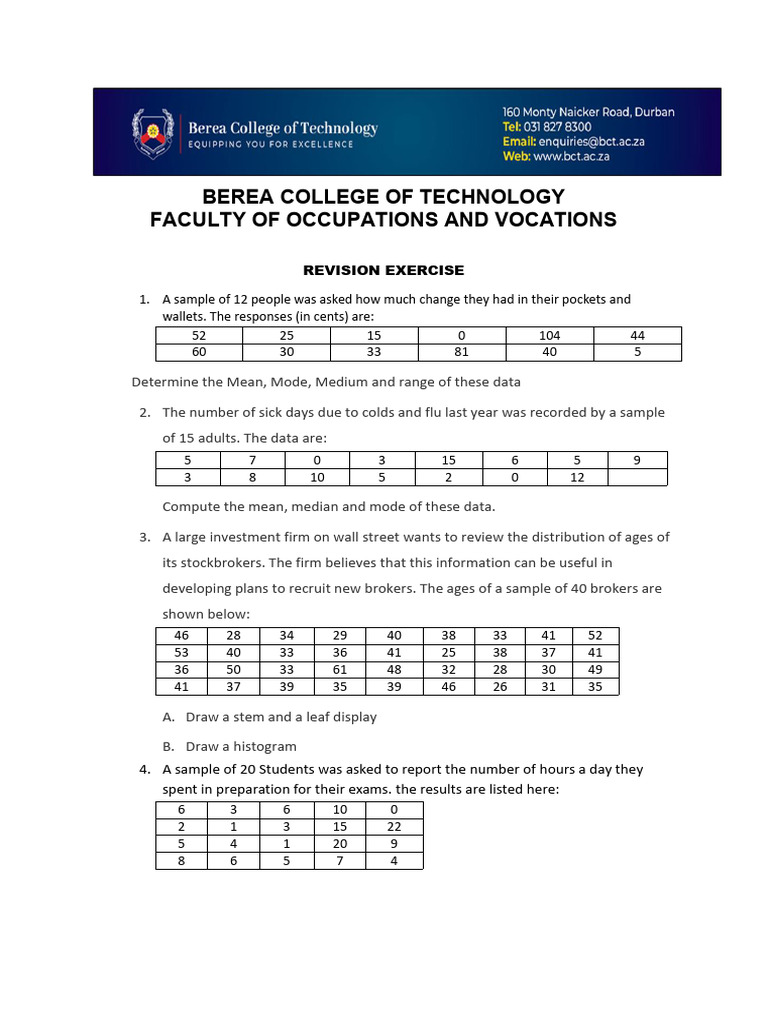 Revision Exercise Stats 101 | PDF | Statistics | Statistical Analysis