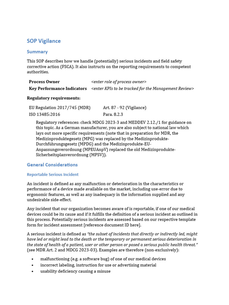 Sop Vigilance | PDF | Medical Device | Safety