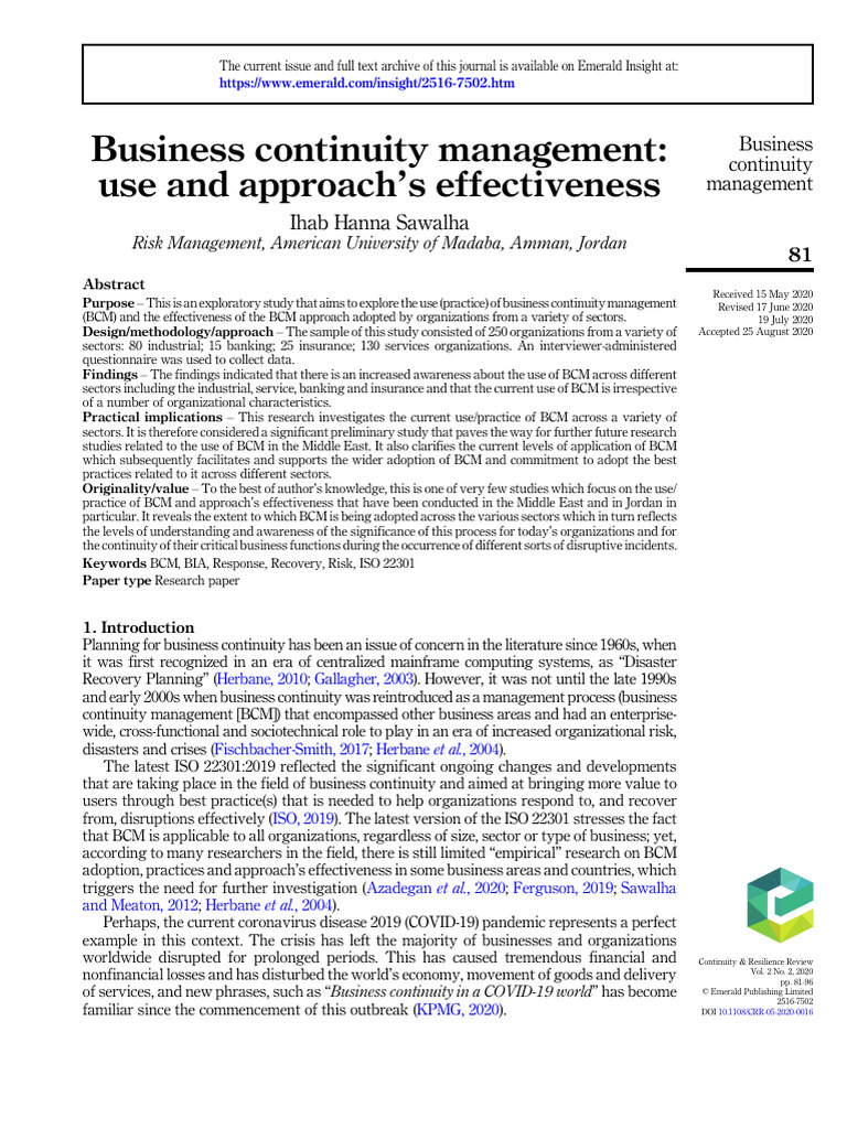Business Continuity Management: Use and Approach's Effectiveness | PDF | Risk | Questionnaire