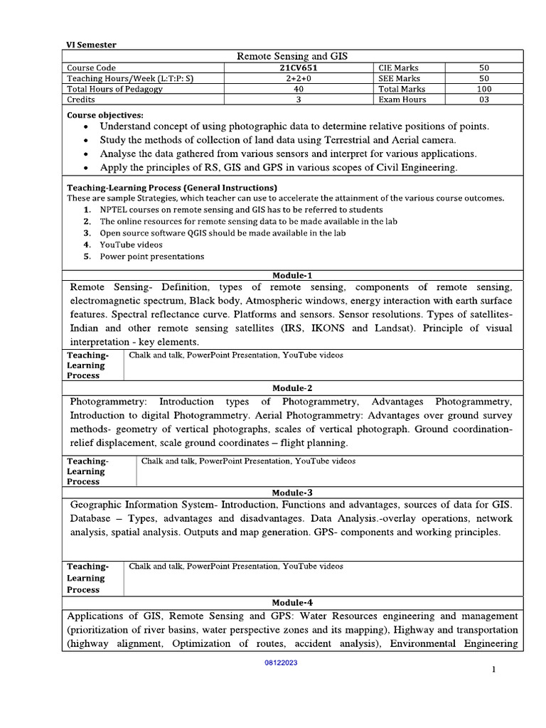 Remote Sensing & GIS Syllabus | PDF