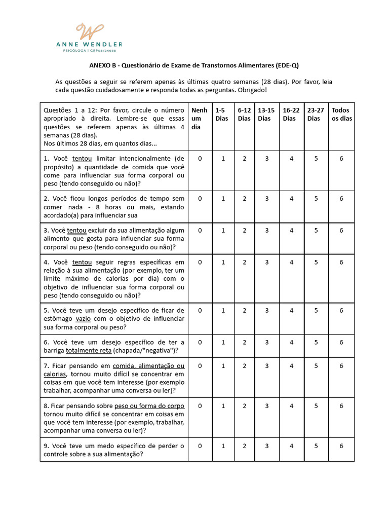 Questionário sobre Distúrbios Alimentares | PDF | Transtorno e ...