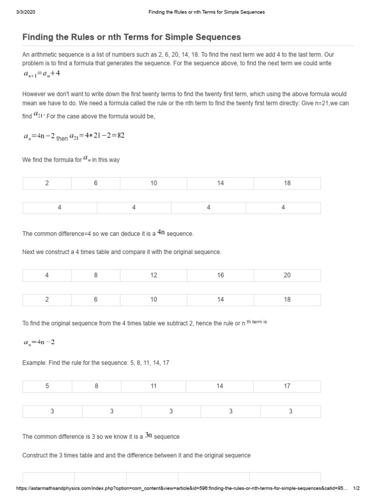 Finding The Rules or NTH Terms For Simple Sequences | PDF | Elementary Mathematics ...