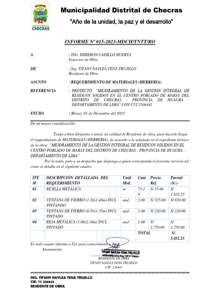 Informe 15 - Req. Materiales (Herreria) | PDF | Sector secundario de la economía