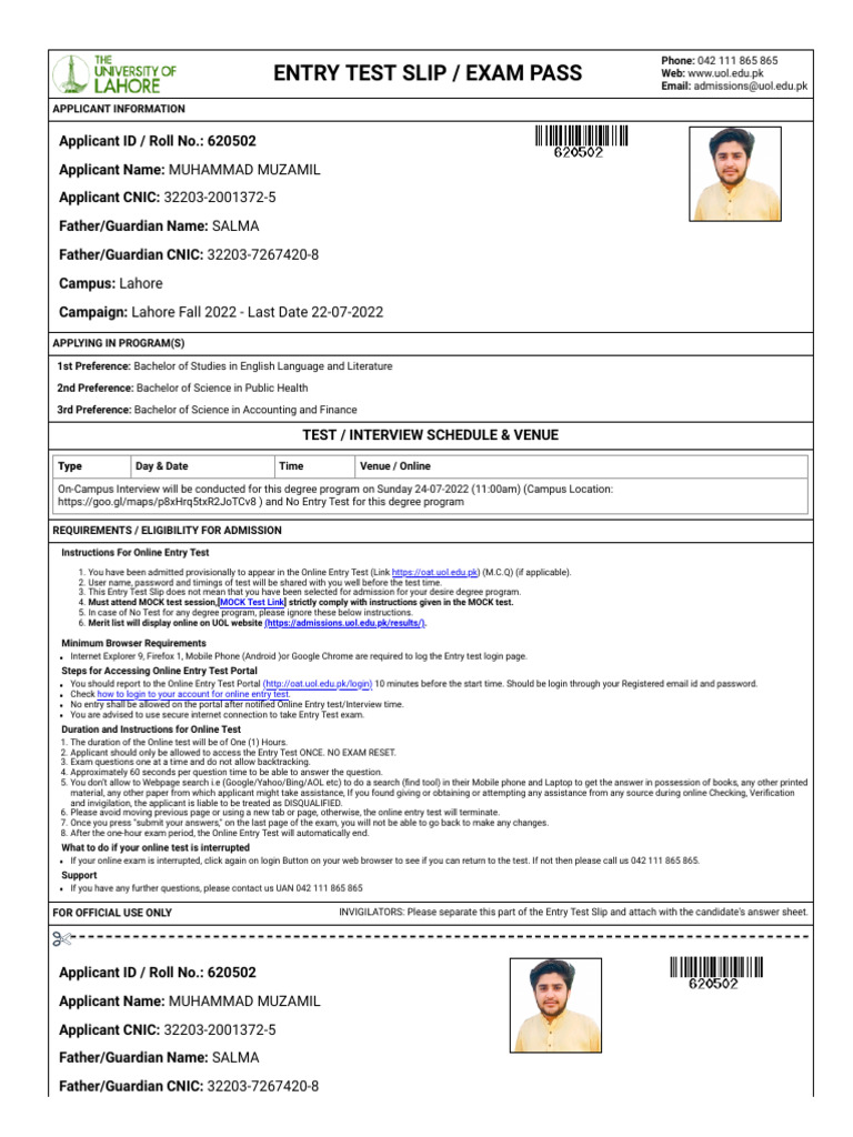 Entry Test Slip | PDF | Online And Offline | Websites