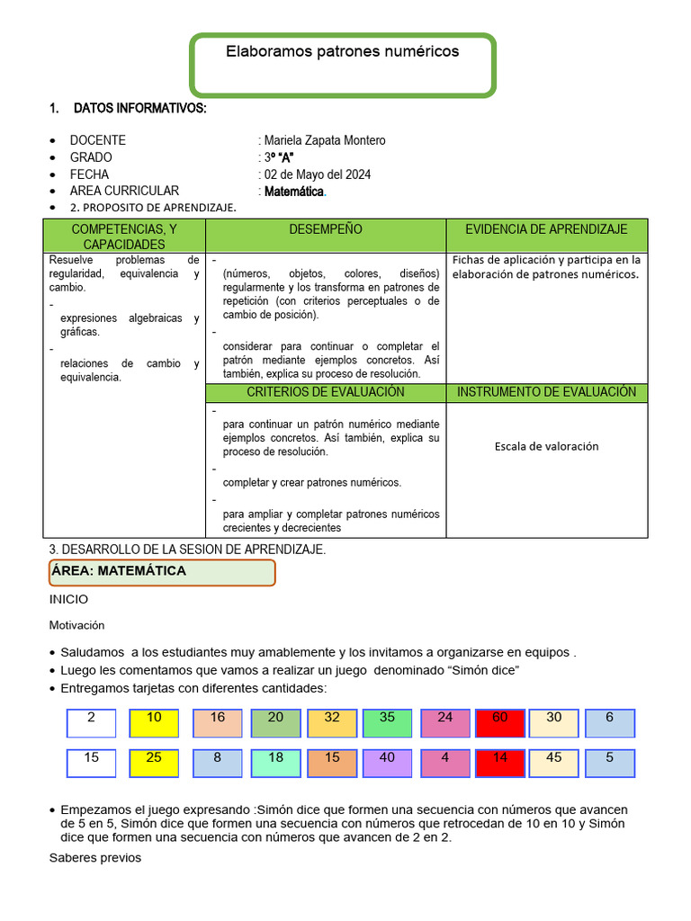 Matematica Elaboramos Patrones Numericos | PDF | Evaluación | Calendario