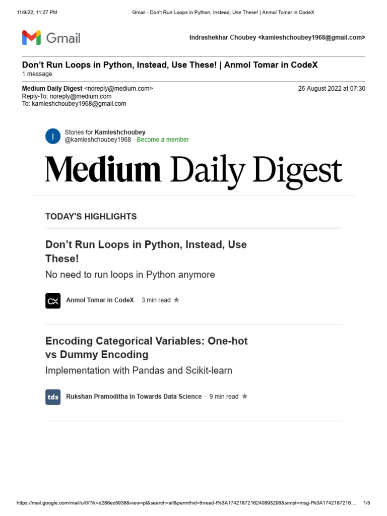 Gmail - Don't Run Loops in Python, Instead, Use These! - Anmol Tomar in CodeX | PDF | Data ...