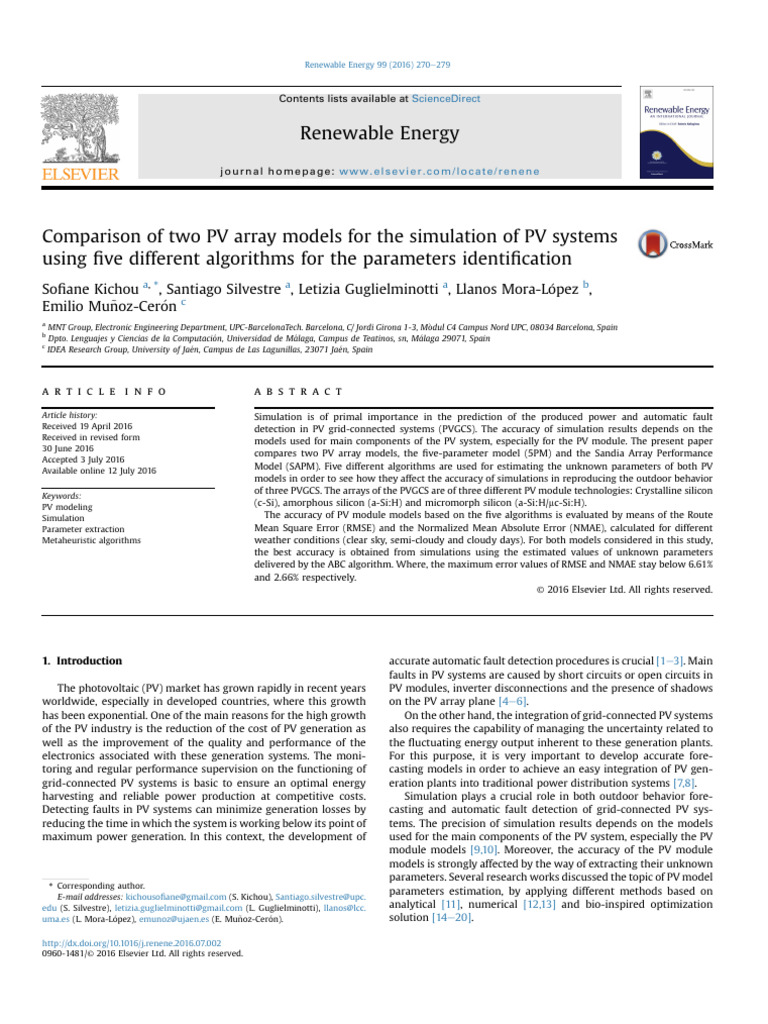 Comparison Of Two Pv Array Models For The Simulation Of Pv Systems Using Five Different