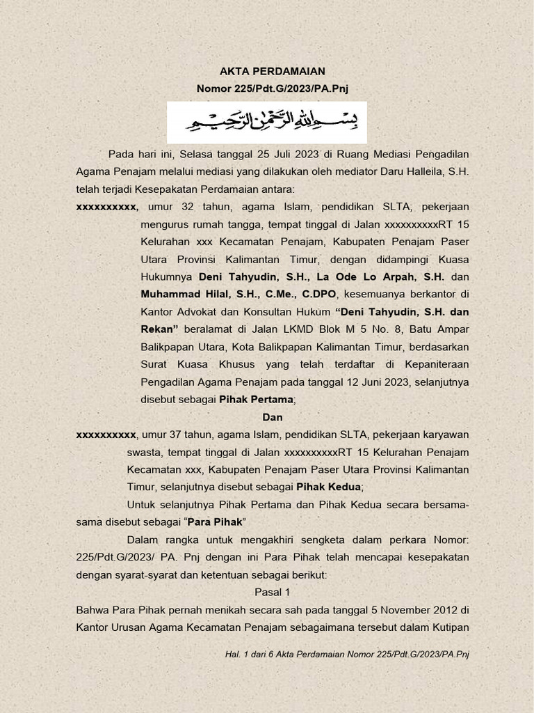Contoh Akta Perdamaian Mediasi 2023 | PDF