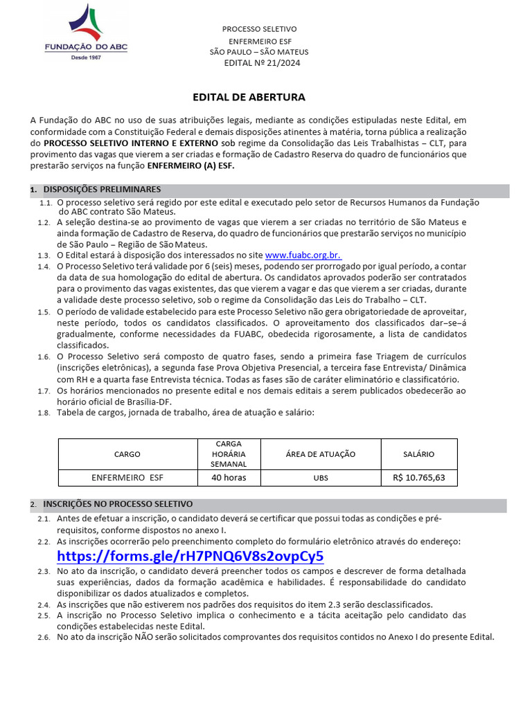 01 - Edital Abertura 21 2024 - Enfermeiro Esf | PDF | Enfermagem | Epidemiologia